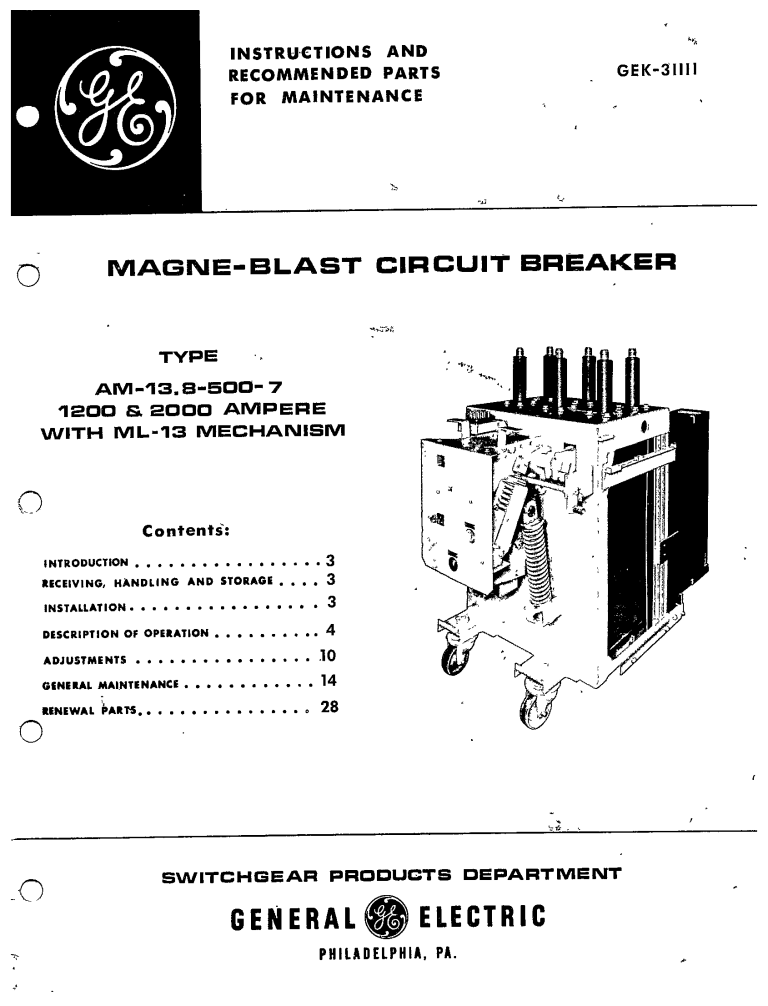 GEK-31111 MAGNE-BLAST CIRCUIT BREAKER TYPE AM-13.8-500-7 1200 AND 2000 ...