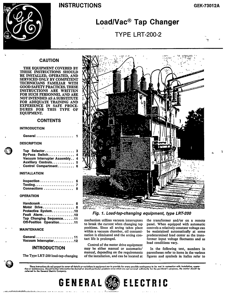 GEK-73012A LOAD VAC TAP CHANGER LRT-200-2 MANUAL - General Electric ...