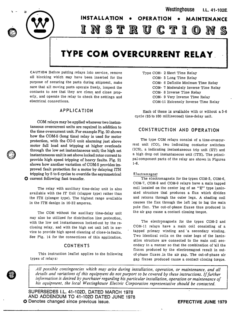I.L. 41-102E TYPE COM OVERCURRENT RELAY MANUAL - Westinghouse - ECP ...