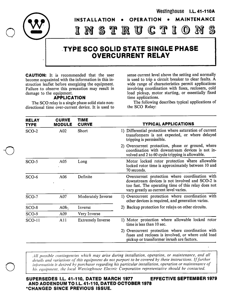 I.L. 41-110A TYPE SCO SOLID STATE SINGLE PHASE OVERCURRENT RELAY MANUAL ...