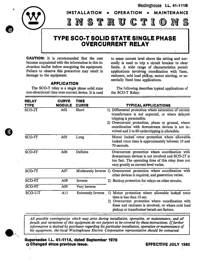 I.L. 41-111B TYPE SCO-T SOLID STATE SINGLE PHASE OVERCURRENT RELAY ...