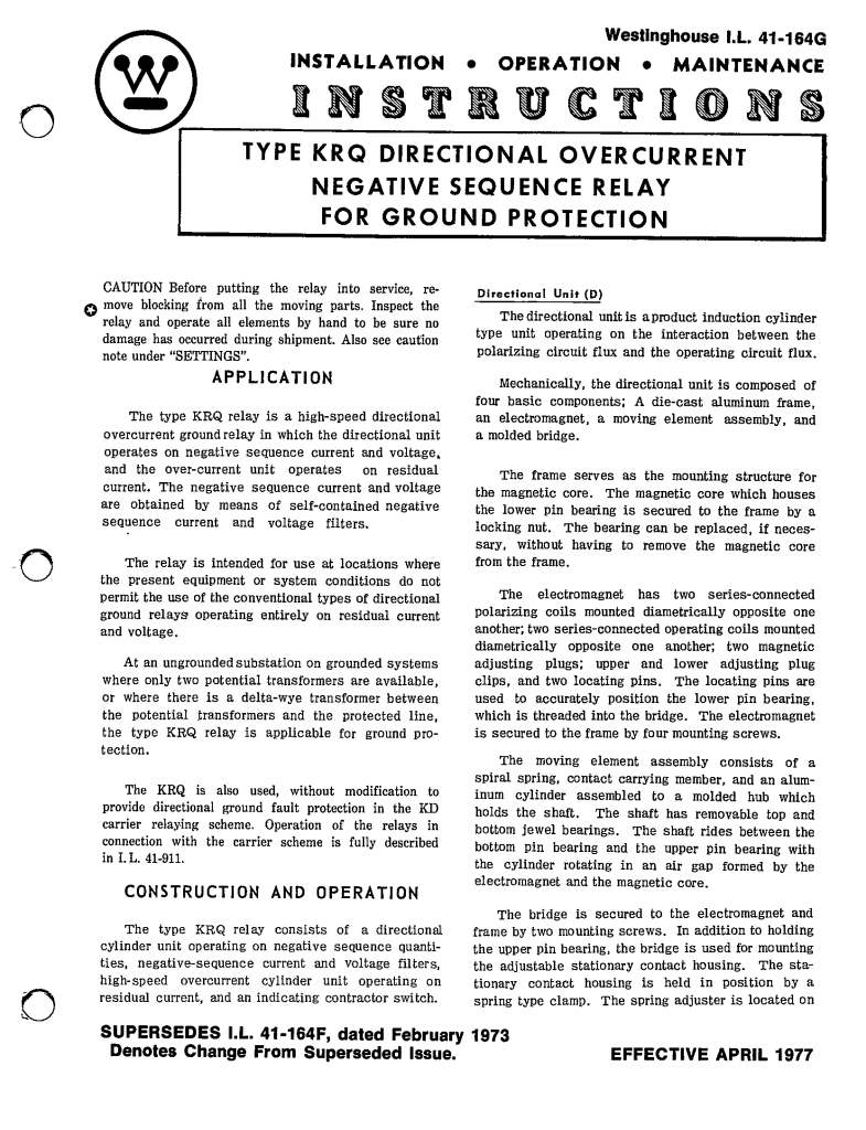 I.L. 41-164G TYPE KRQ DIRECTIONAL OVERCURRENT NEGATIVE SEQUENCE RELAY ...