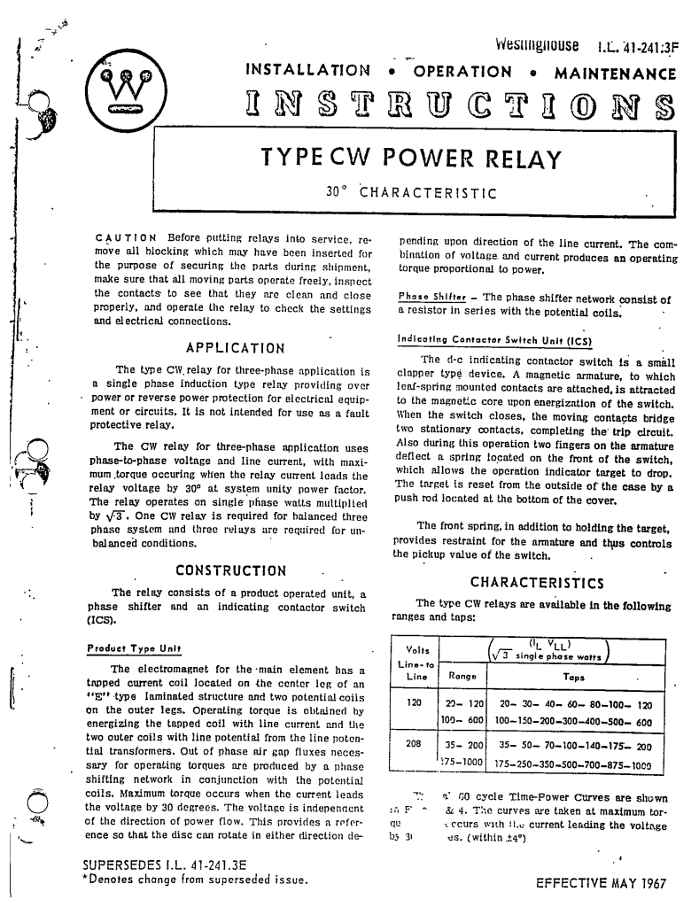 I.L. 41-241.3F TYPE CW POWER RELAY 30 DEGREE CHARACTERISTIC MANUAL ...