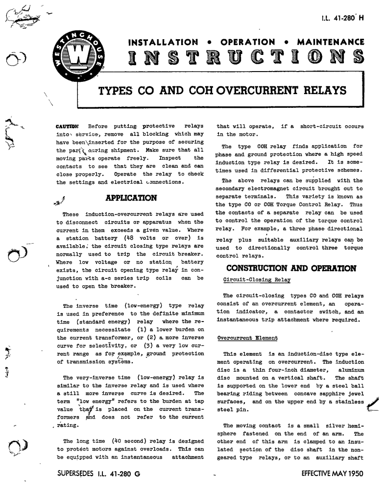 I.L. 41-280H TYPES CO AND COH OVERCURRENT RELAYS MANUAL - Westinghouse - ECP Solutions | Our ...