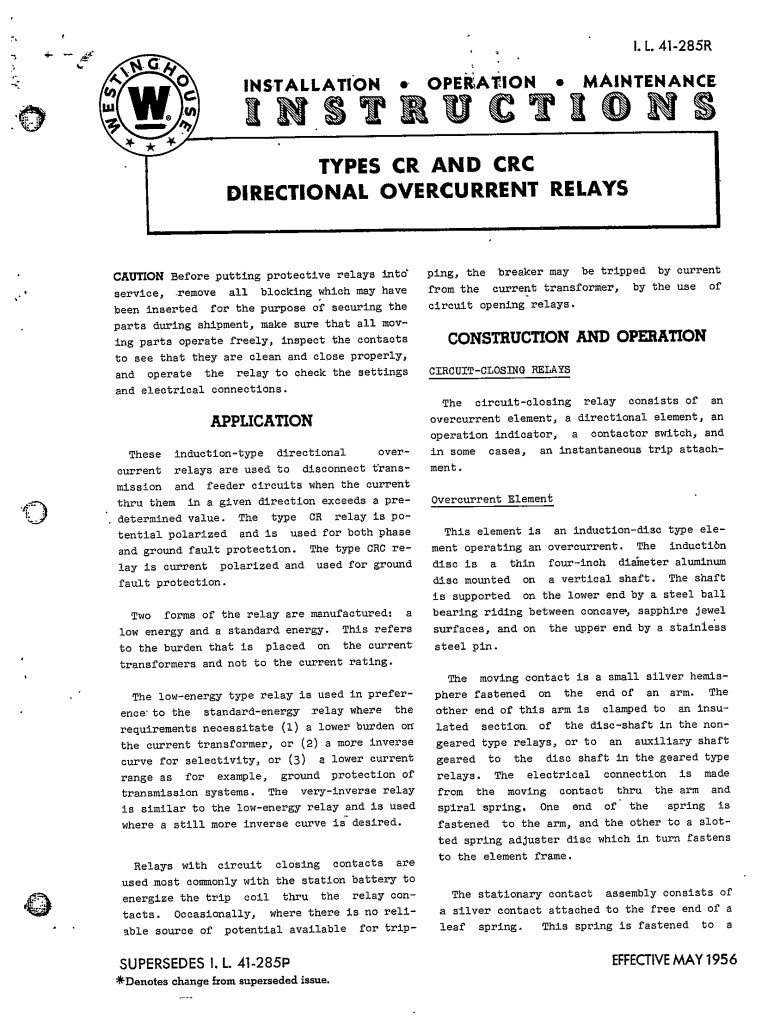 I.L. 41-285R TYPES CR AND CRC DIRECTIONAL OVERCURRENT RELAYS MANUAL ...