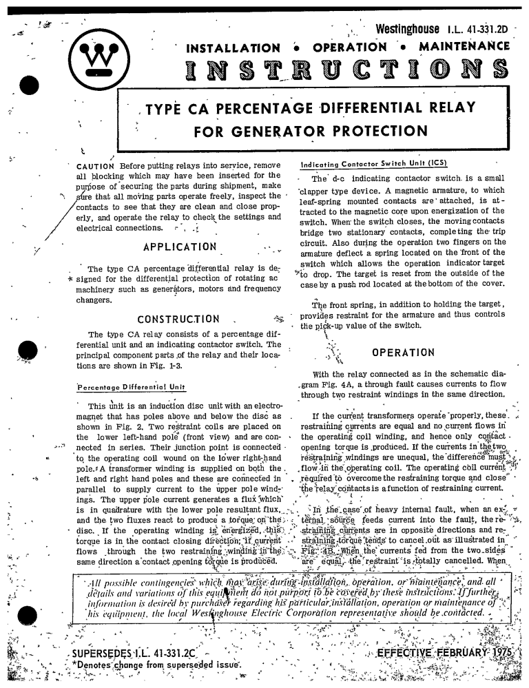 I.L. 41-331.2D TYPE CA PERCENTAGE DIFFERENTIAL RELAY FOR GENERATOR ...
