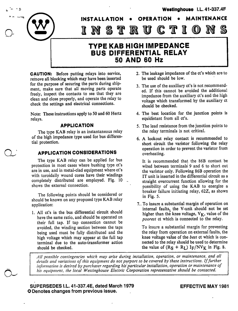 I.L. 41-337.4F TYPE KAB HIGH IMPEDANCE BUS DIFFERENTIAL RELAY 50 AND 60 ...