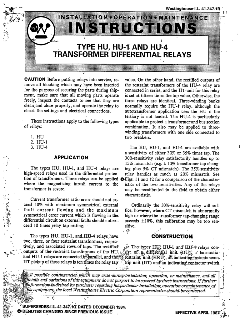 I.L. 41-347.1R TYPE HU,HU-1 AND HU-4 TRANSFORMER DIFFERENTIAL RELAYS ...
