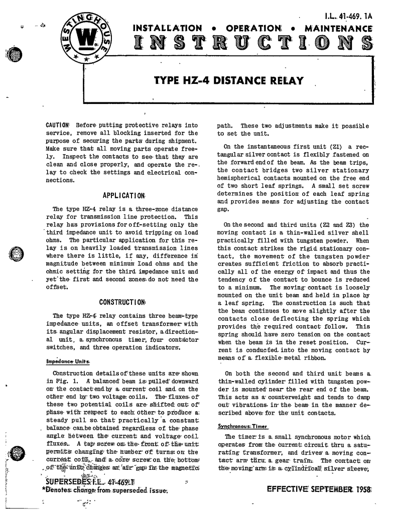 I.L. 41-469.1A TYPE HZ-4 DISTANCE RELAY MANUAL - Westinghouse - ECP ...