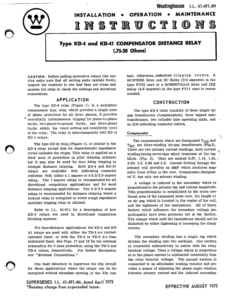 I.L. 41-491.4N TYPE KD-4 AND KD-41 COMPENSATOR DISTANCE RELAY (.75-20 ...