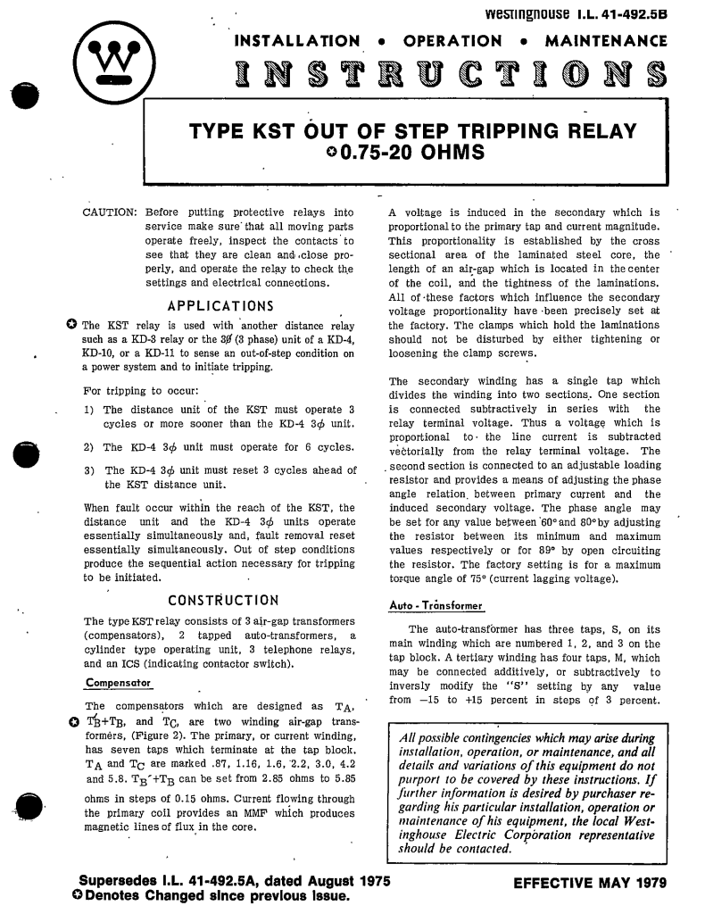 I.L. 41-492.5B TYPE KST OUT OF STEP TRIPPING RELAY 0.75-20 OHMS MANUAL ...