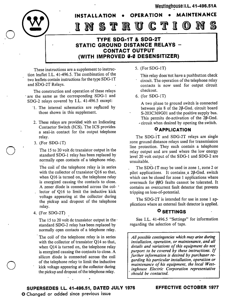 I.L. 41-496.51A TYPE SDG-1T & SDG-2T STATIC GROUND DISTANCE RELAYS ...