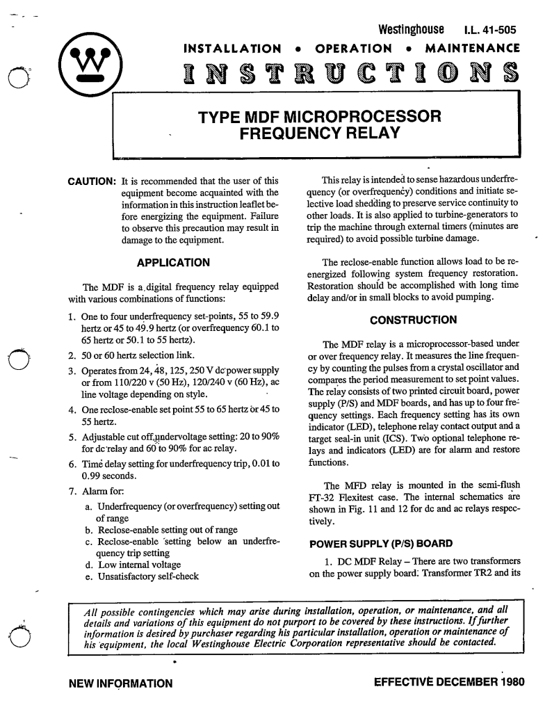I.L. 41-505 TYPE MDF MICROPROCESSOR FREQUENCY RELAY MANUAL ...