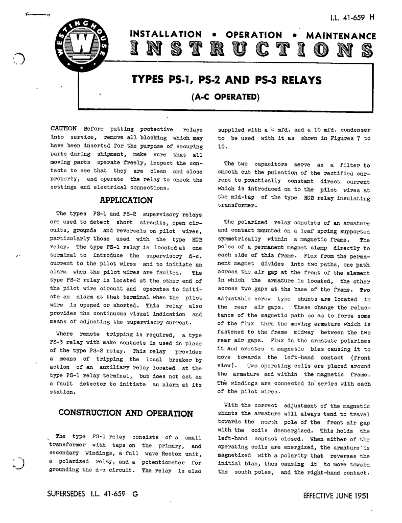 I.L. 41-659.H INSTRUCTIONS FOR TYPE PS-1, PS-2 & PS-3 RELAYS (A-C ...