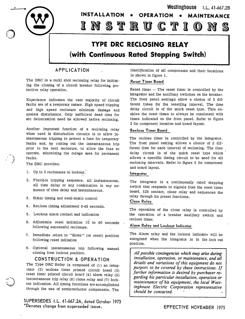 I L 41 667 2b Instructions For Type Drc Reclosing Relay Manual