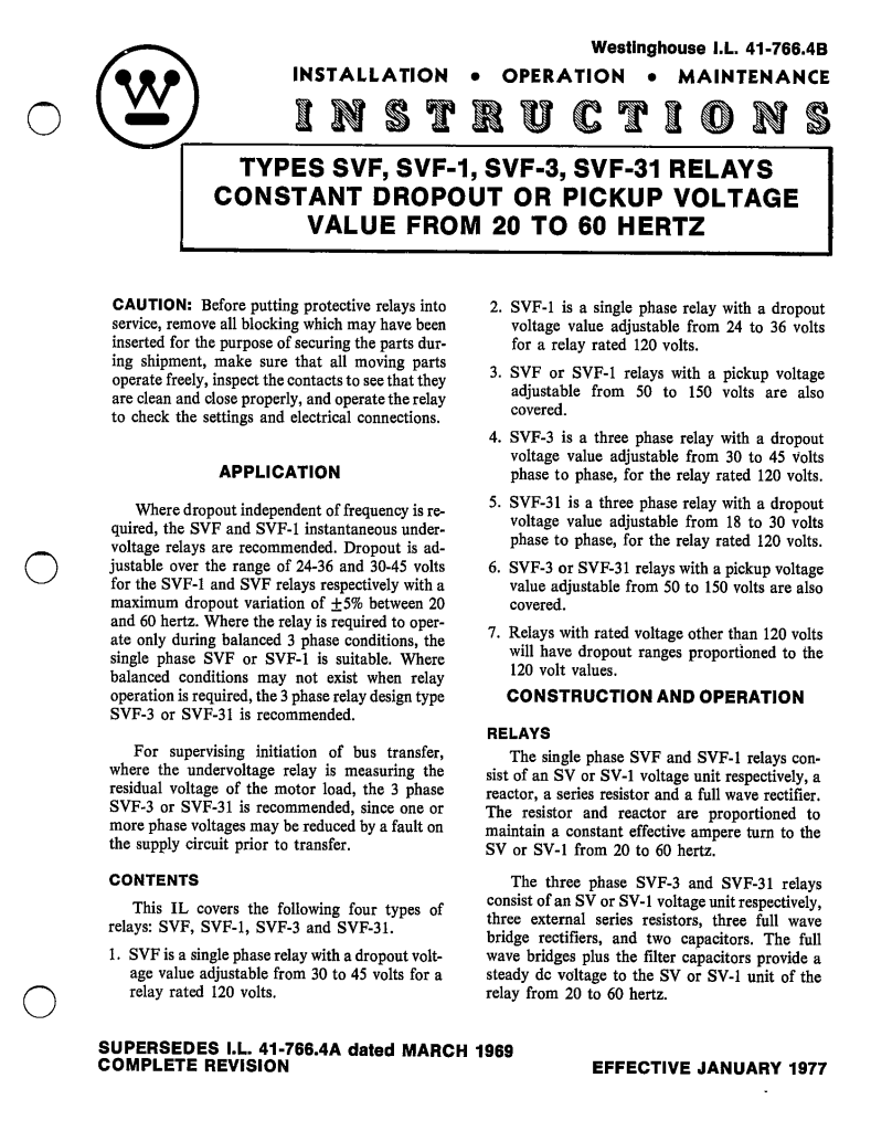 I.L. 41-766.4B TYPES SVF,SVF-1,SVF-3,SVF-31 RELAYS CONSTANT DROPOUT OR ...