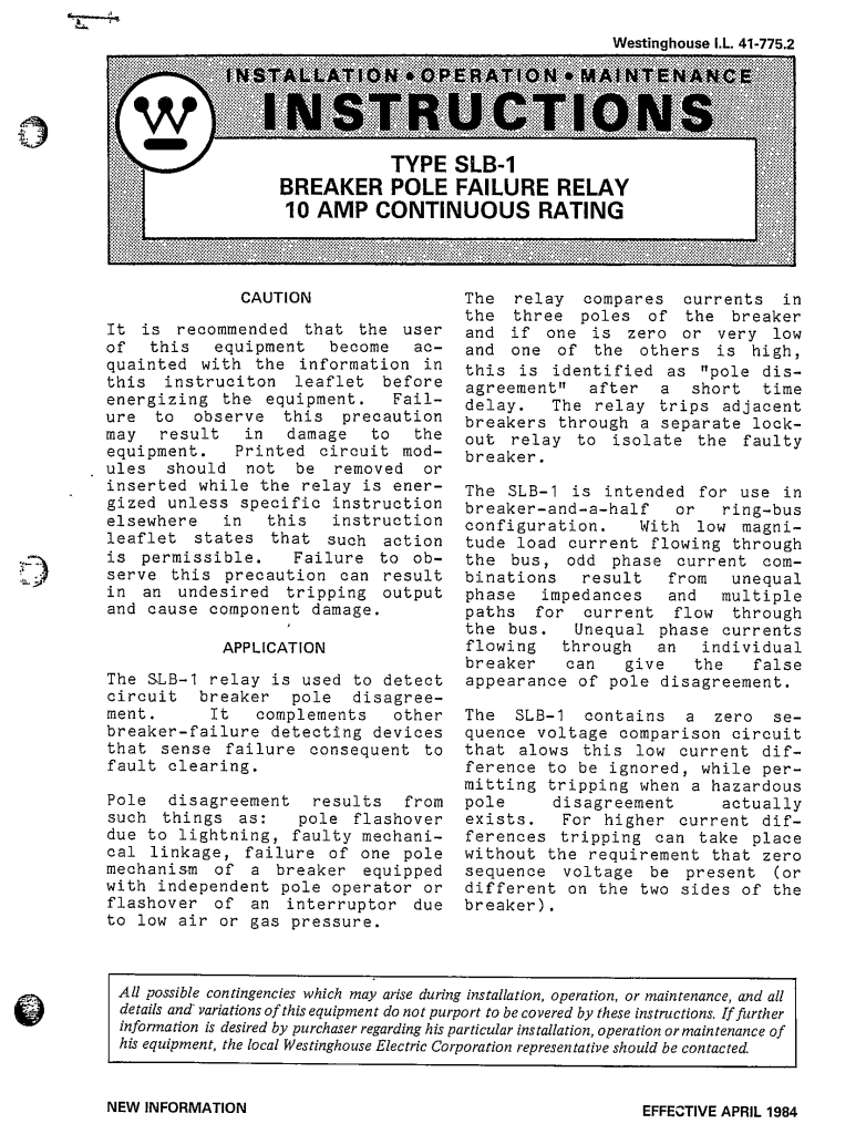 I.L. 41-775.2 TYPE SLB-1 BREAKER POLE FAILURE RELAY 10 AMP CONTINUOUS ...