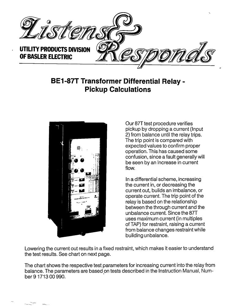 BE1-87T TRANSFORMER DIFFERENTIAL RELAY - PICKUP CALCULATIONS MANUAL ...