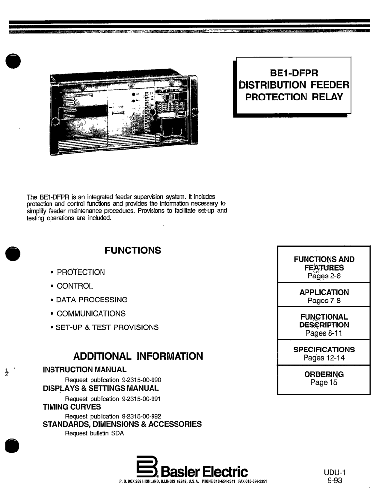 BE1-DFPR DISTRIBUTION FEEDER PROTECTION RELAY MANUAL - BASLER - ECP ...