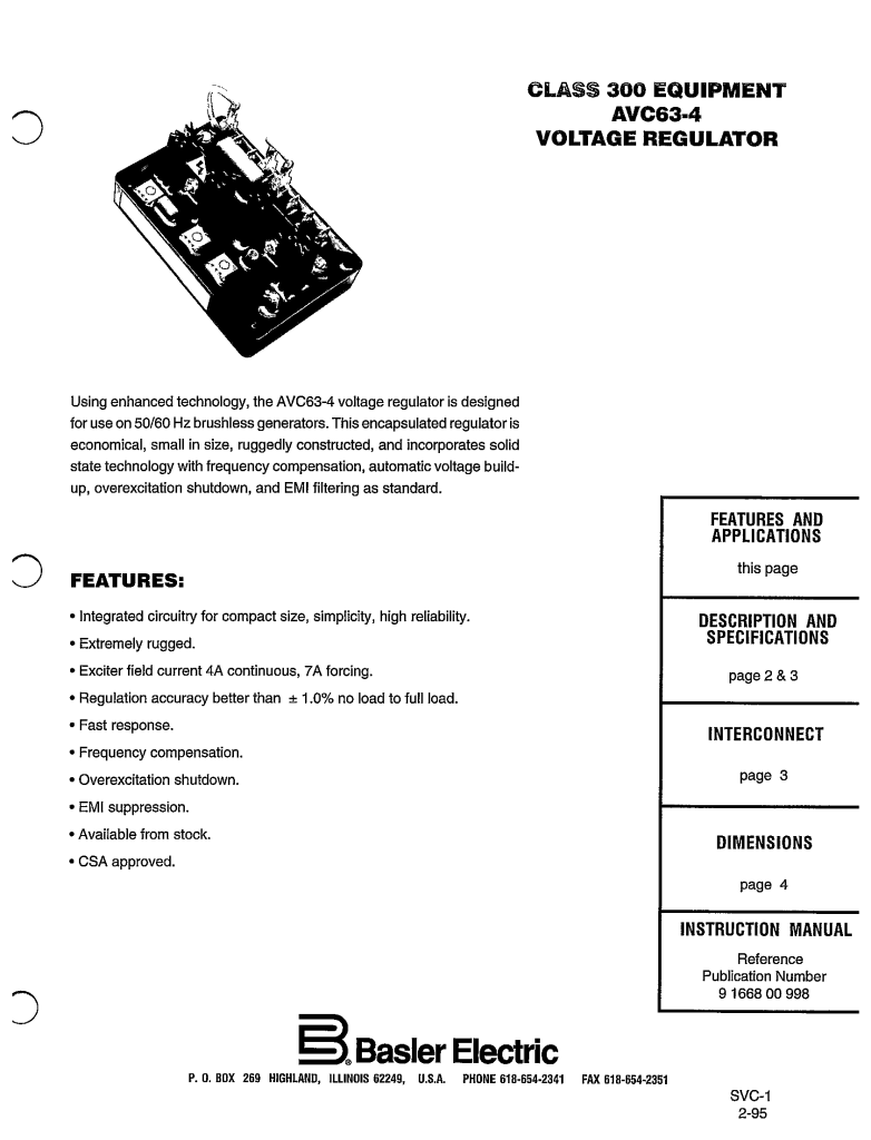 CLASS 300 EQUIPMENT AVC63-4 VOLTAGE REGULATOR MANUAL - BASLER - ECP ...