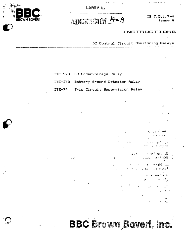 DC CONTROL CIRCUIT MONITORING RELAYS ITE-27S, ITE-27B, ITE-74 MANUAL ...