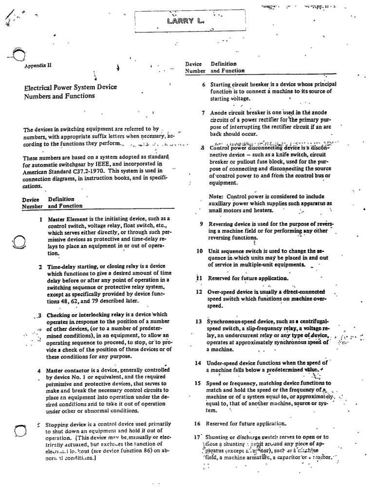 ELECTRICAL POWER SYSTEM DEVICE NUMBERS AND FUNCTIONS MANUAL - IEEE ...
