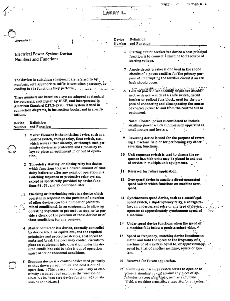 ELECTRICAL POWER SYSTEM DEVICE NUMBERS AND FUNCTIONS MANUAL - IEEE ...
