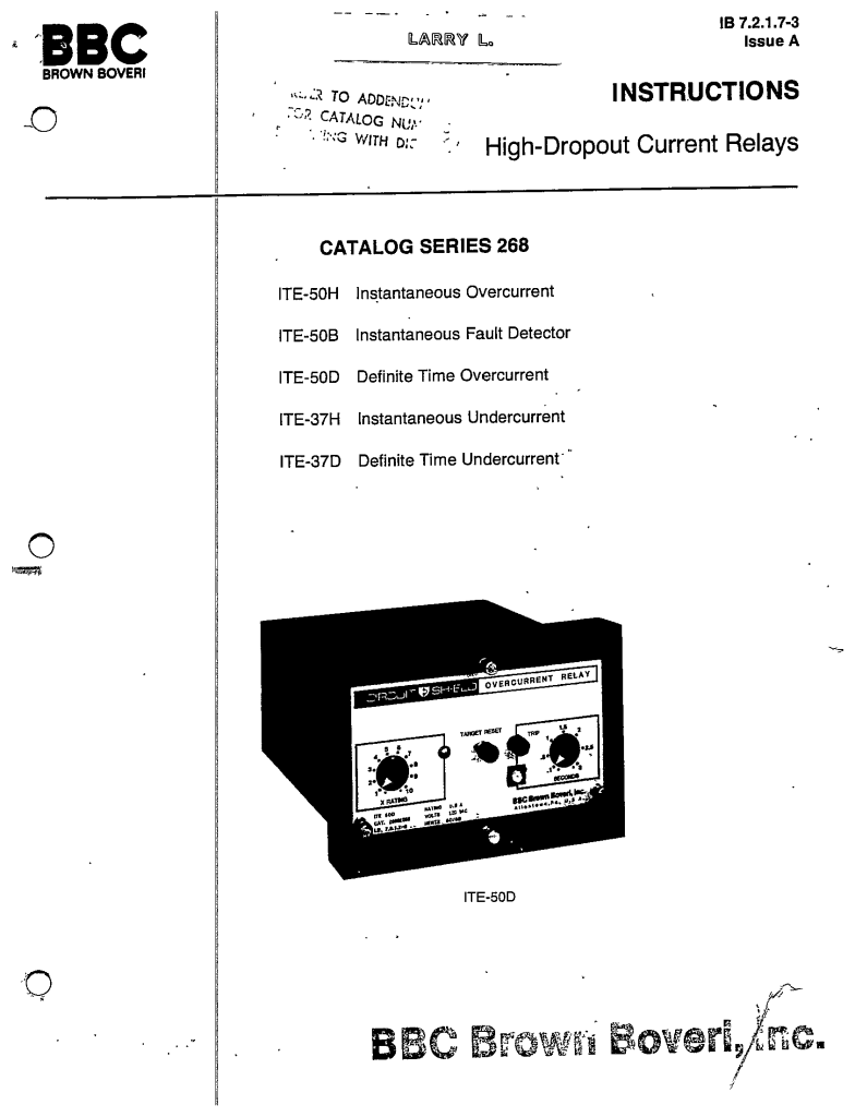 HIGH-DROPOUT CURRENT RELAYS ITE-50H, ITE-50B, ITE-50D, ITE-37H, ITE-37D ...