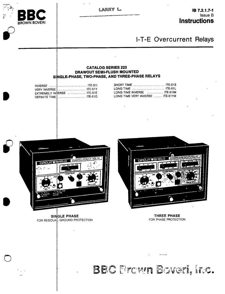 I-T-E OVERCURRENT RELAYS DRAWOUT SEMI-FLUSH MOUNTED SINGLE-PHASE, TWO ...