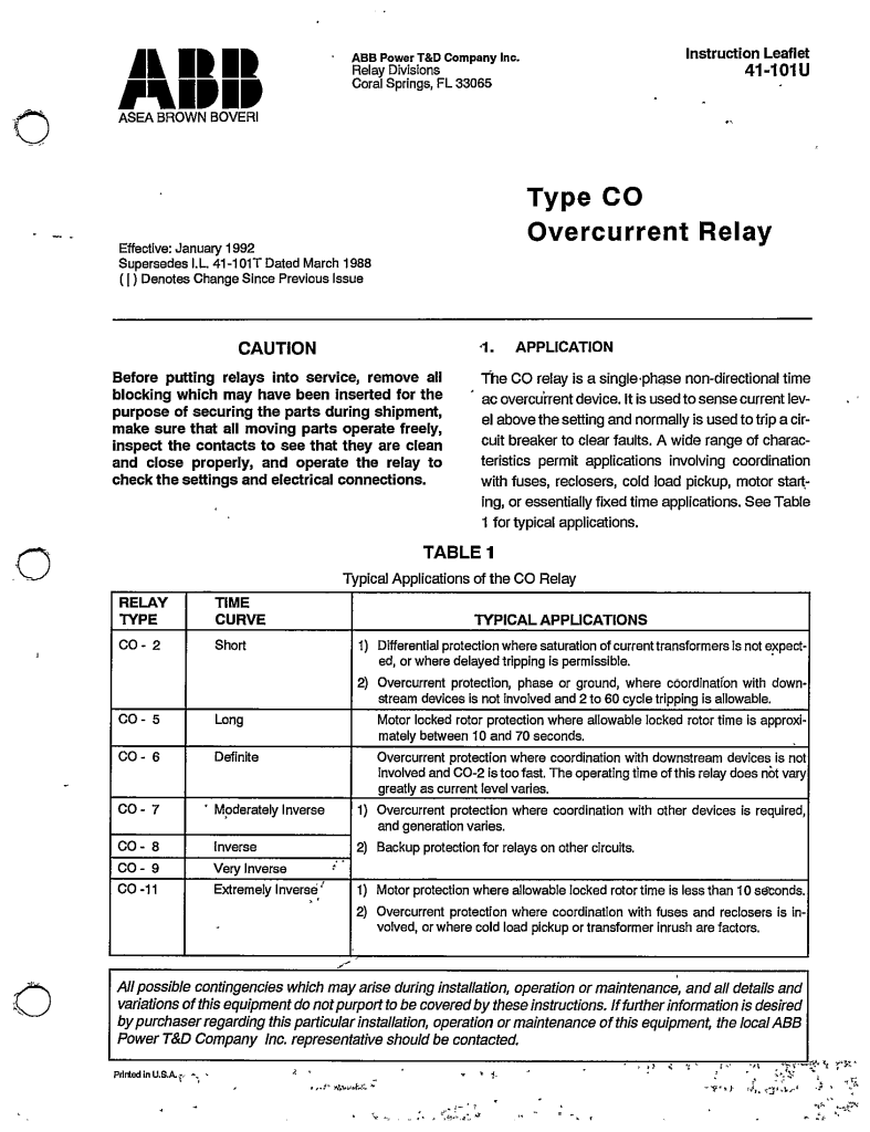 I.L. 41-101U TYPE CO OVERCURRENT RELAY MANUAL - ABB - ECP Solutions ...