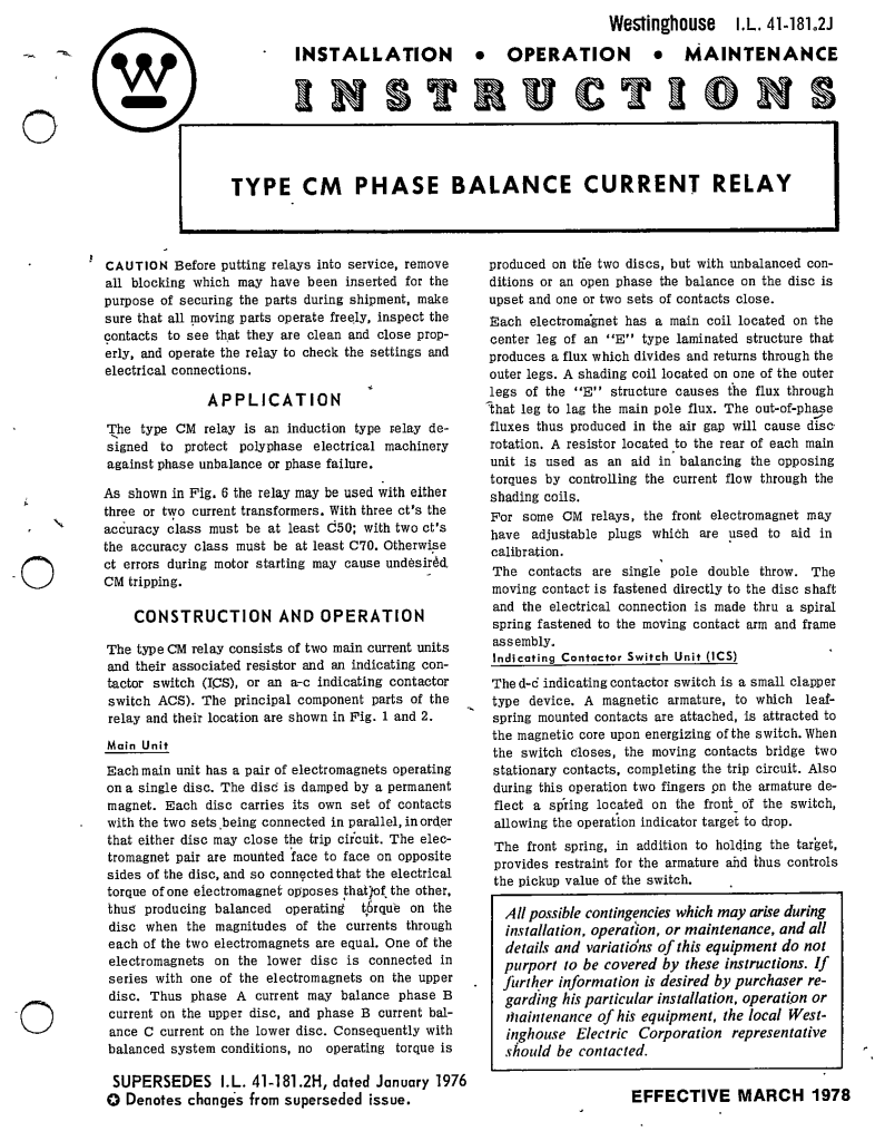 I.L. 41-181.2J TYPE CM PHASE BALANCE CURRENT RELAY MANUAL ...