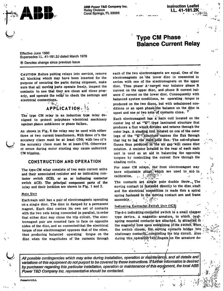 I.L. 41-181.2K TYPE CM PHASE BALANCE CURRENT RELAY MANUAL - ABB - ECP ...