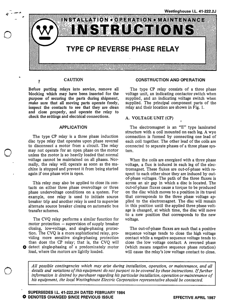 I.L. 41-222.2J TYPE CP REVERSE PHASE RELAY MANUAL - Westinghouse - ECP ...