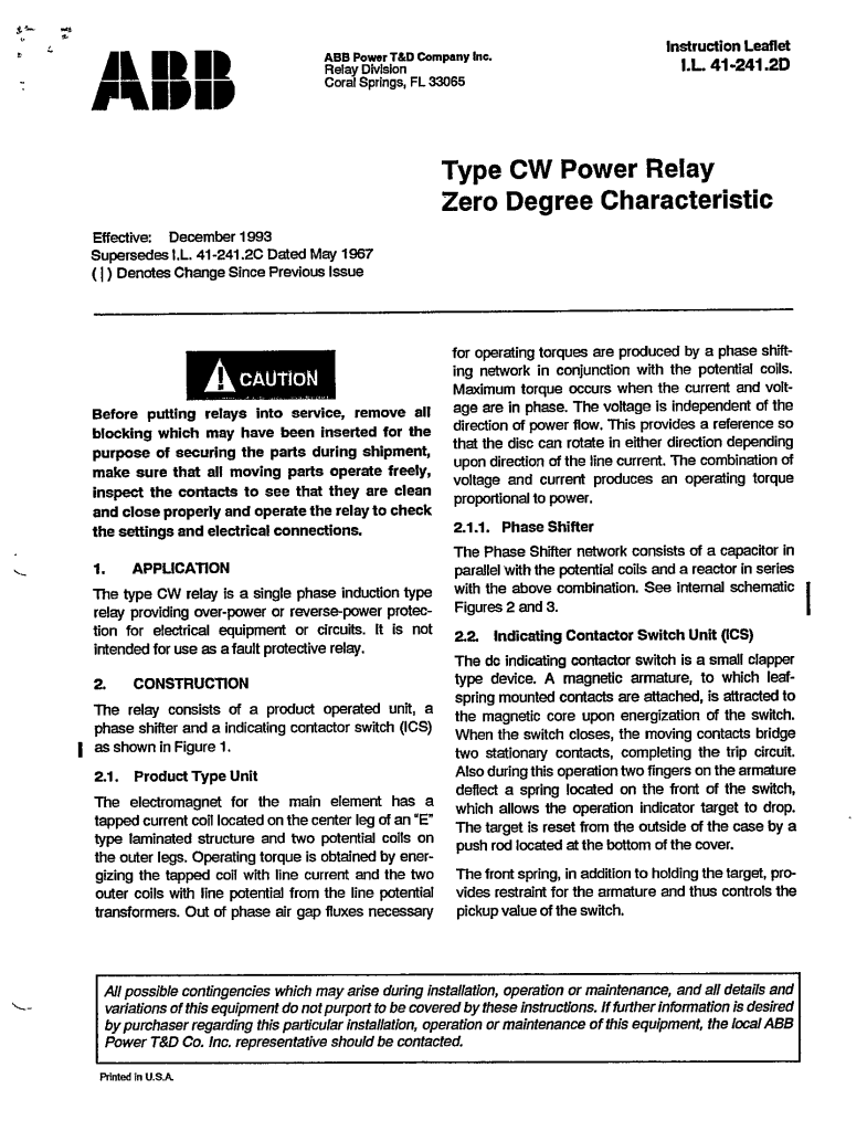 I.L. 41-241.2D TYPE CW POWER RELAY ZERO DEGREE CHARACTERISTIC Manual ...