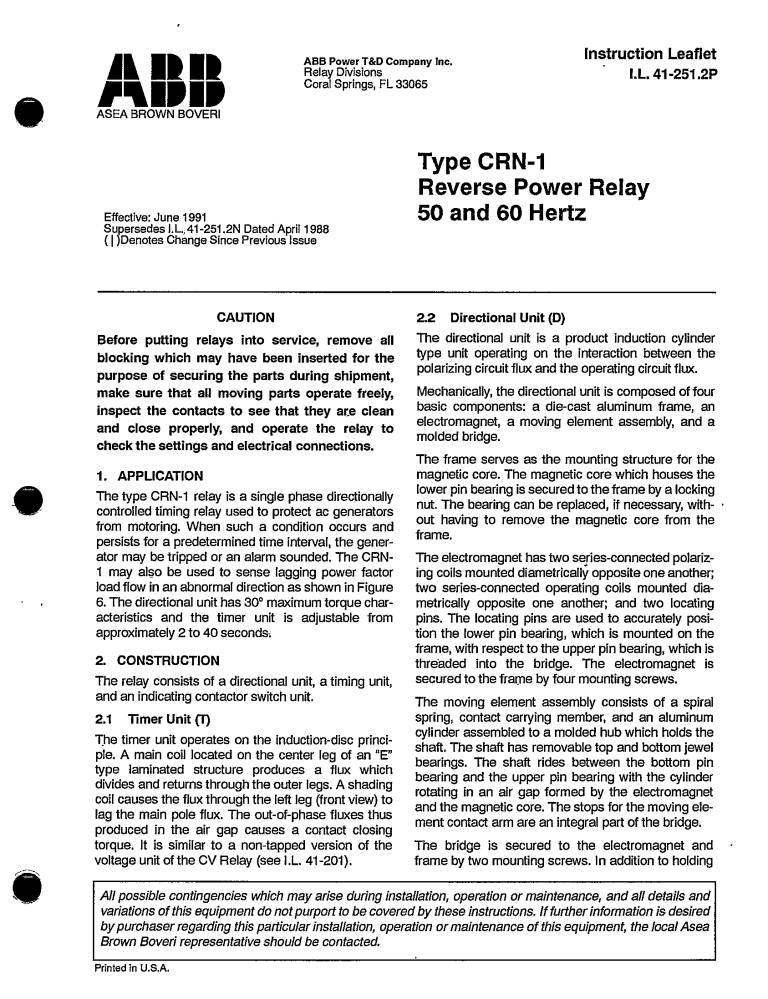 I.L. 41-251.2P TYPE CRN-1 REVERSE POWER RELAY 50 AND 60 HERTZ MANUAL ...