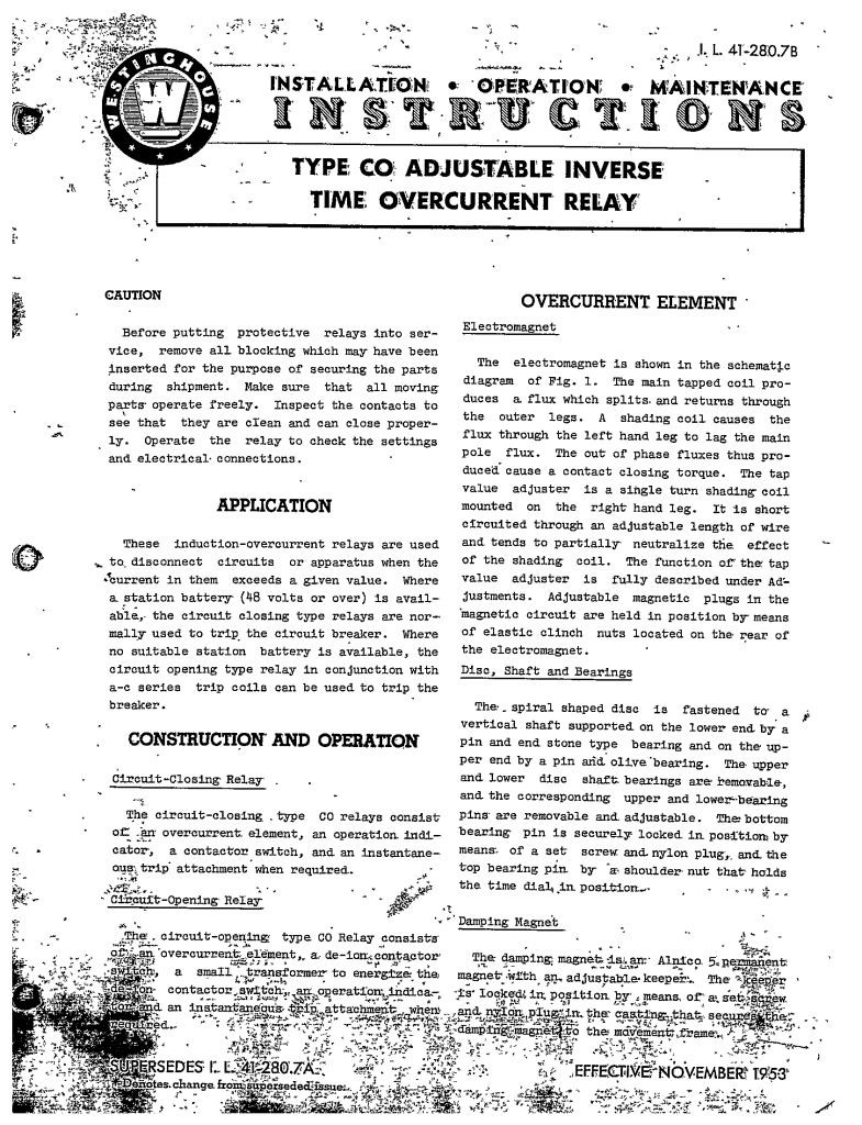 I.L. 41-280.7B TYPE CO ADJUSTABLE INVERSE TIME OVERCURRENT RELAY MANUAL ...