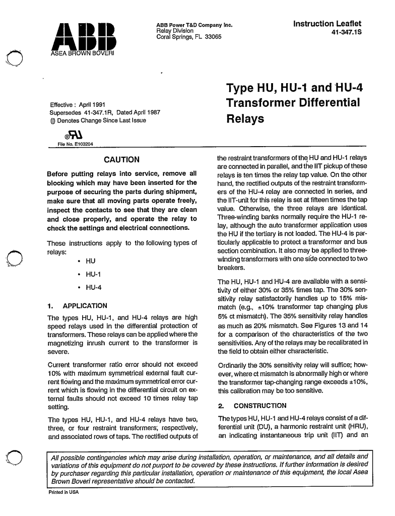I.L. 41-347.1S TYPE HU, HU-1 AND HU-4 TRANSFORMER DIFFERENTIAL RELAYS ...