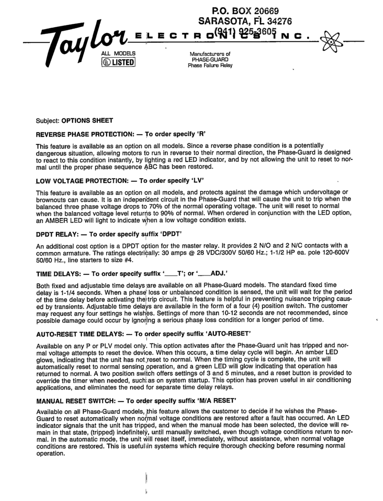 OPTIONS SHEET MANUAL - TAYLOR ELECTRONICS INC - ECP Solutions | Our Innovation, Your Solution