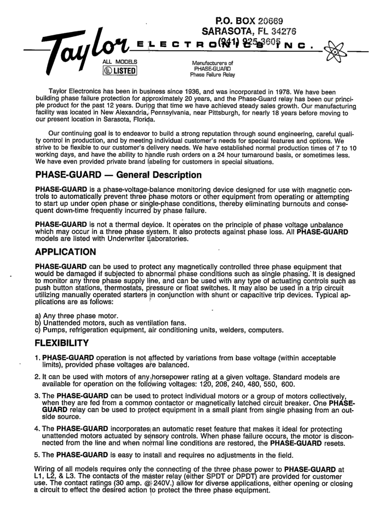 PHASE-GUARD SPECIFICATION SHEETS MANUAL - TAYLOR ELECTRONICS INC - ECP ...