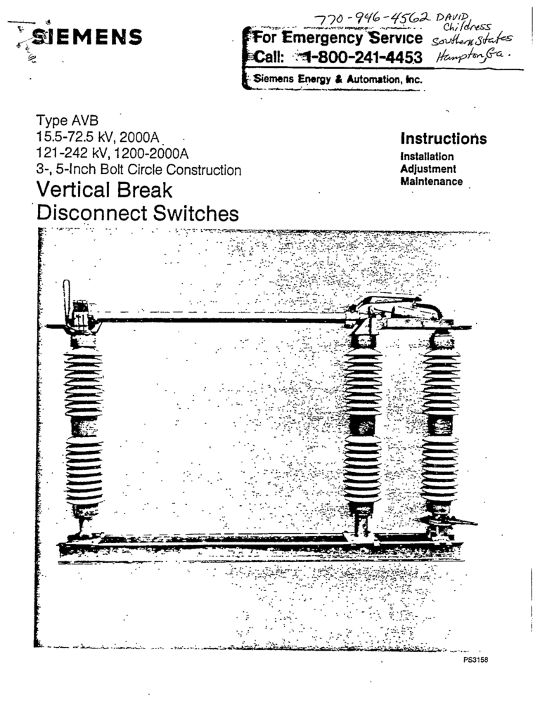 PS3158 VERTICAL BREAK DISCONNECT SWITCHES TYPE AVB 15.5-72.5 KV, 2000A ...