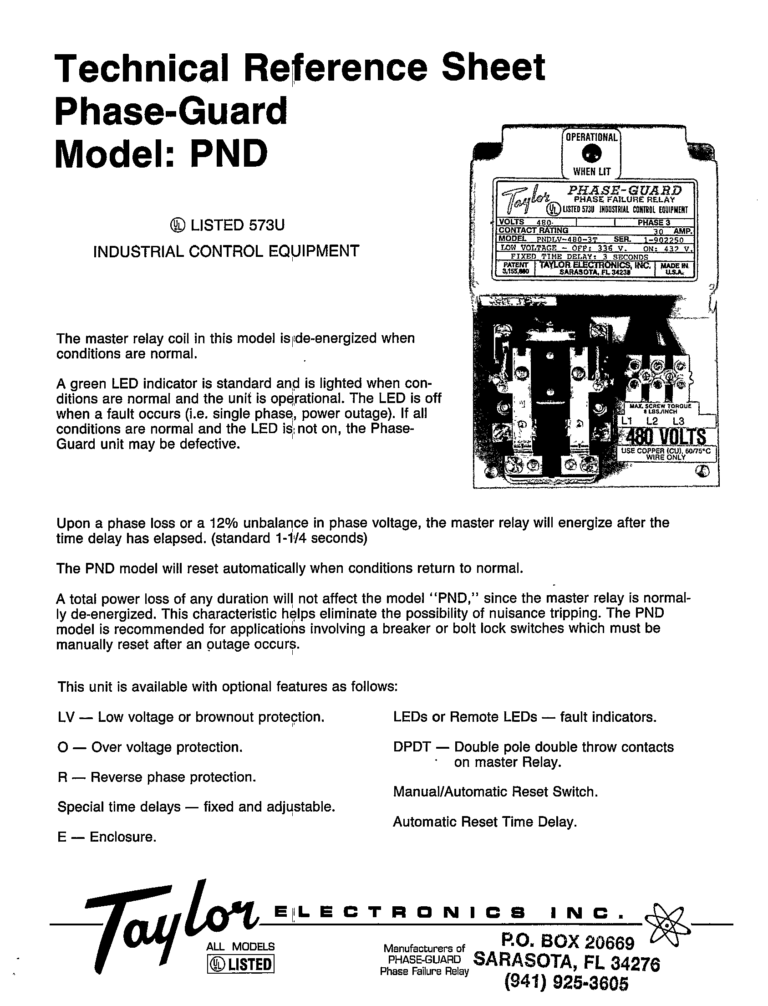 TECHNICAL REFERENCE SHEET PHASE-GUARD MODEL PND MANUAL - TAYLOR ...