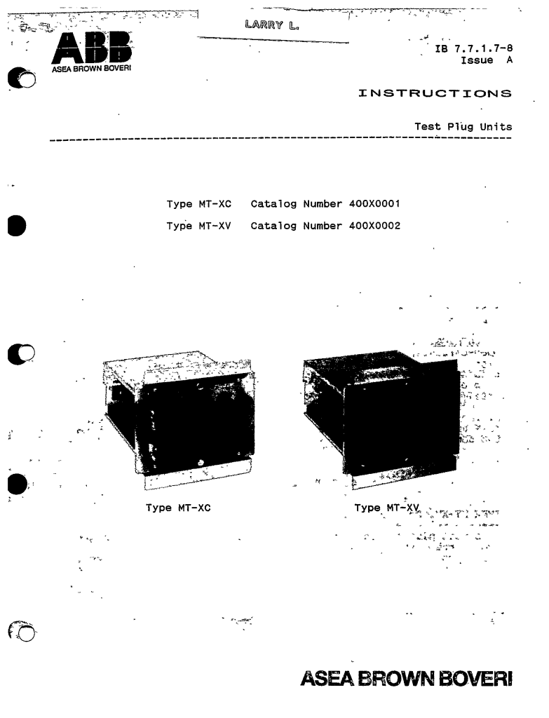 TEST PLUG UNITS TYPE MT-XC AND MT-XV MANUAL - ABB - ECP Solutions | Our ...
