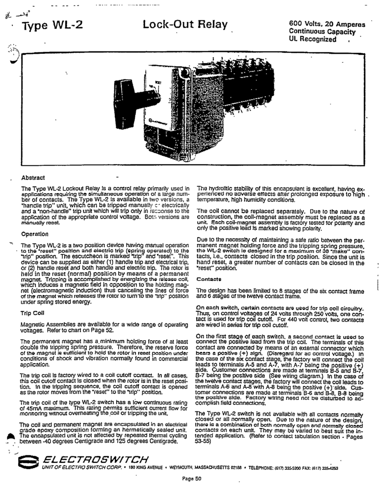 TYPE WL-2 LOCK-OUT RELAY MANUAL - ELECTROSWITCH - ECP Solutions | Our ...
