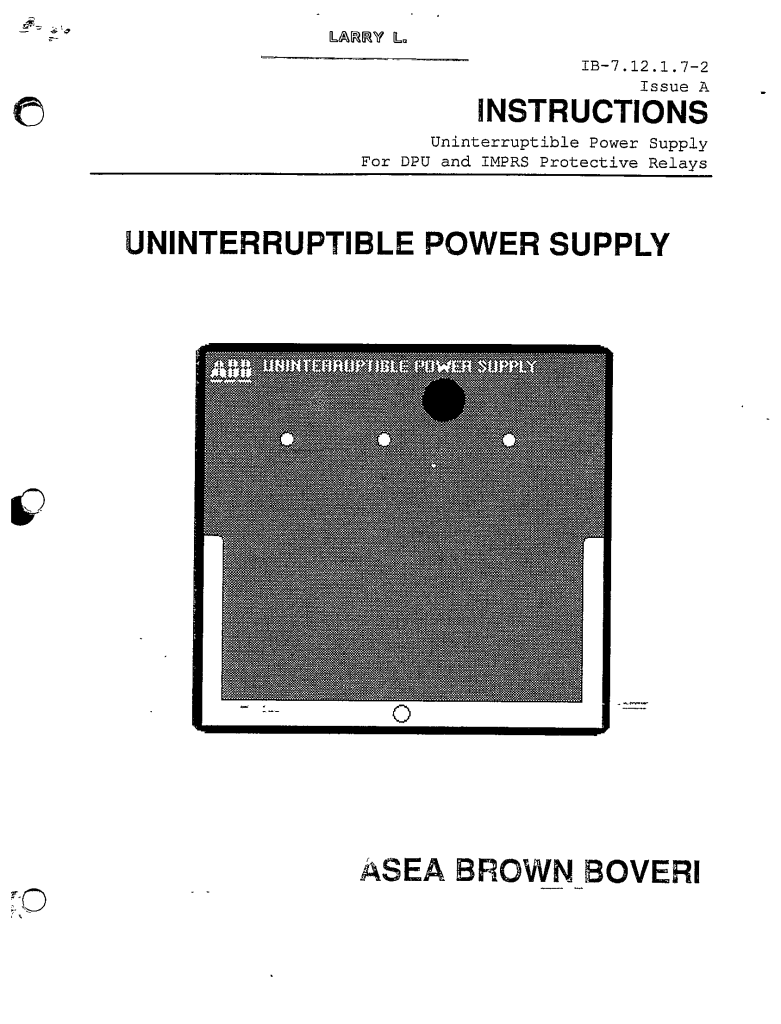 UNINTERRUPTIBLE POWER SUPPLY FOR DPU AND IMPRS PROTECTIVE RELAYS MANUAL ...