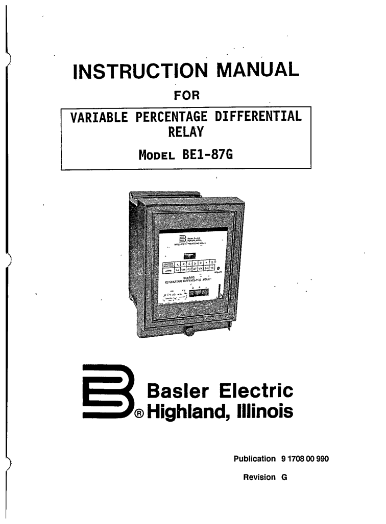 VARIABLE-PERCENTAGE-DIFFERENTIAL-RELAY-MODEL-BE1-87G MANUAL - BASLER ...